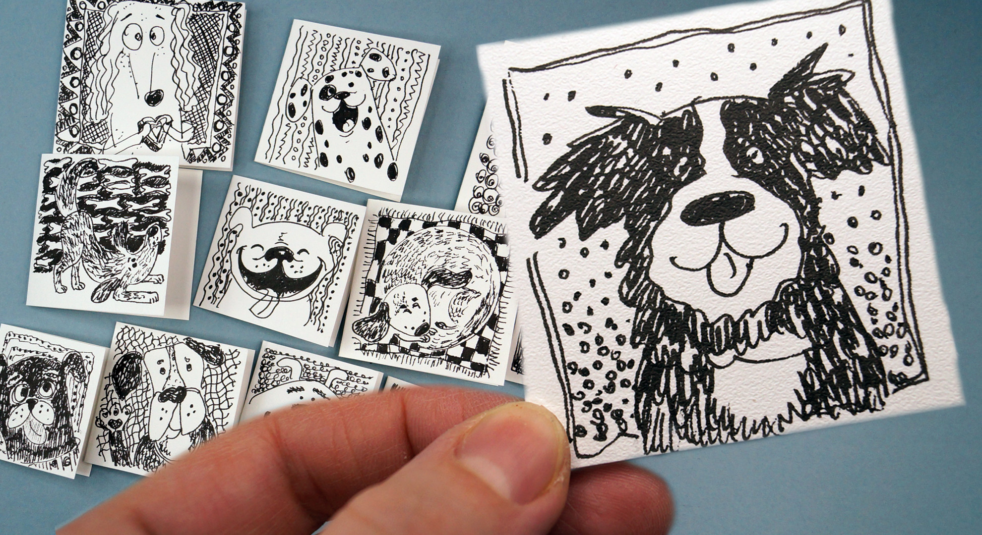 Нарисовать забавных, смешных собачек. 12 мини открыток. DIY