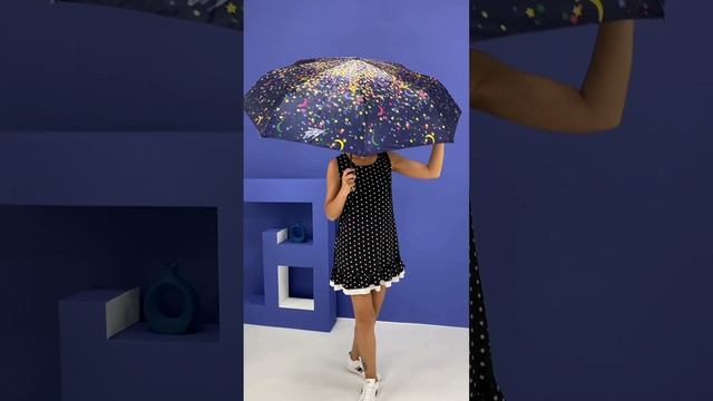 Зонт женский Flioraj 3 сложения Автомат Синий Звезды 23135 FJ