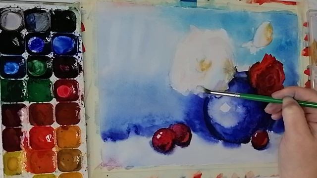 Розы в синей вазе. Акварель. Простое рисование для начинающих.