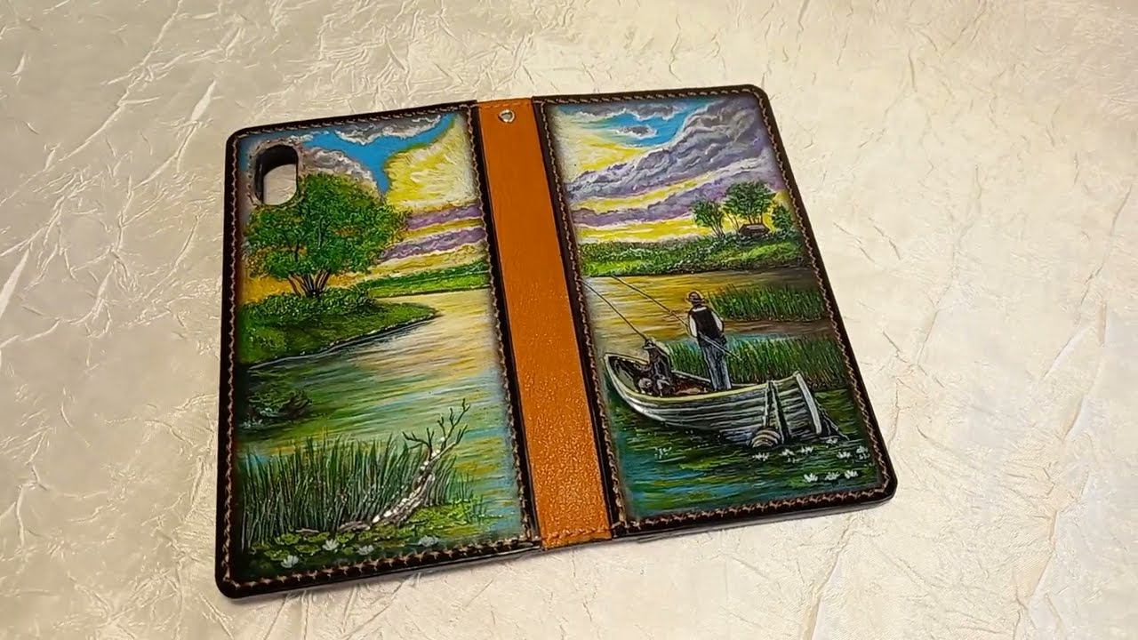 Чехол-книжка для айфона. Изделия из кожи. СКСтиль. Видео обзор чехла: На рыбалке).