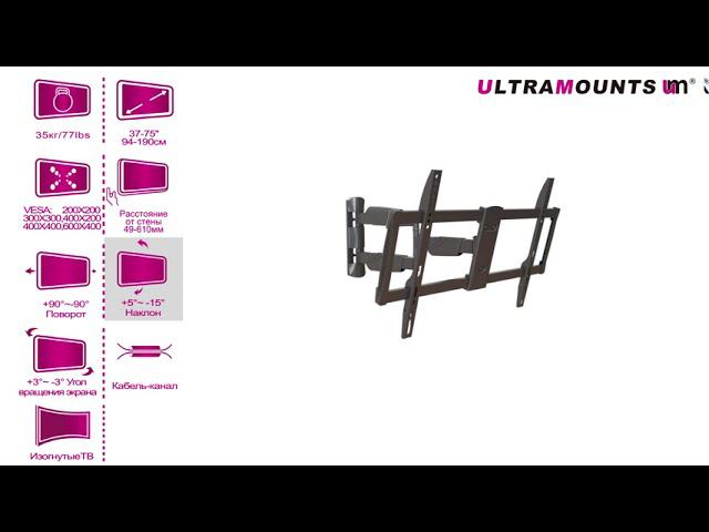 UltraMounts UM909. Установка телевизора с  помощью наклонно-поворотного кронштейна UM909