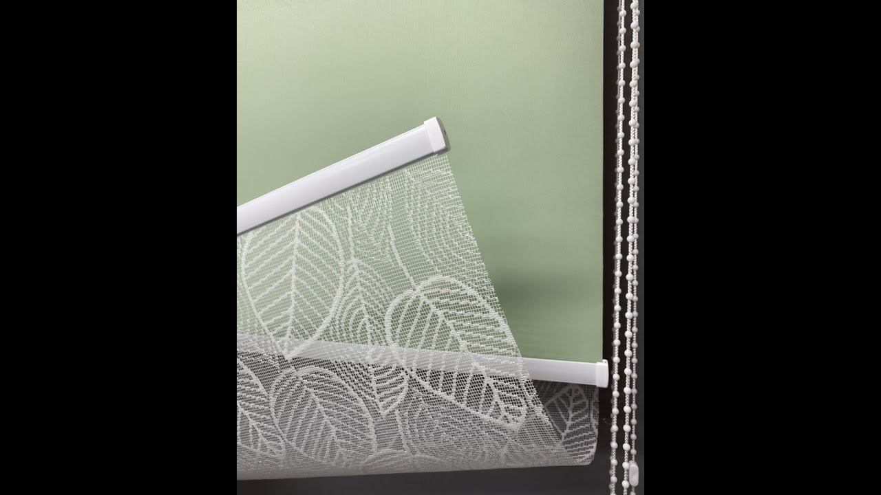 Двойные рулонные шторы Премиум Блэкаут салатовый + тюль "Листья"