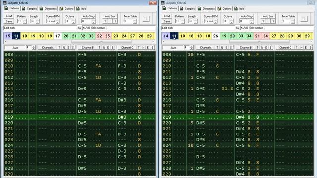 Laid path  by KUVO / Double YM, 6 channel song. Tracker window capture.