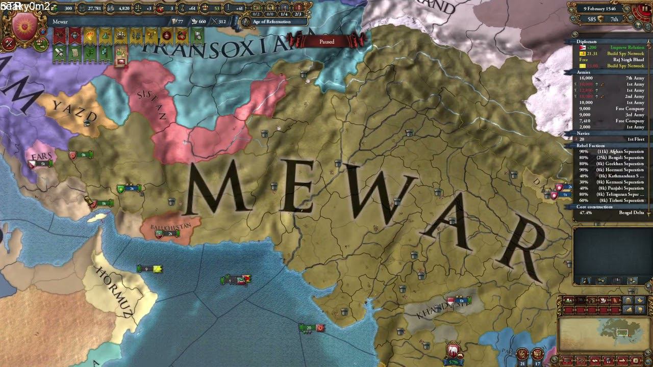 Europe Universalis IV 1.35.6 Mewar. Часть 10. 1545-1555. Побеждаем из -30 варскора с нулем рекрутов.