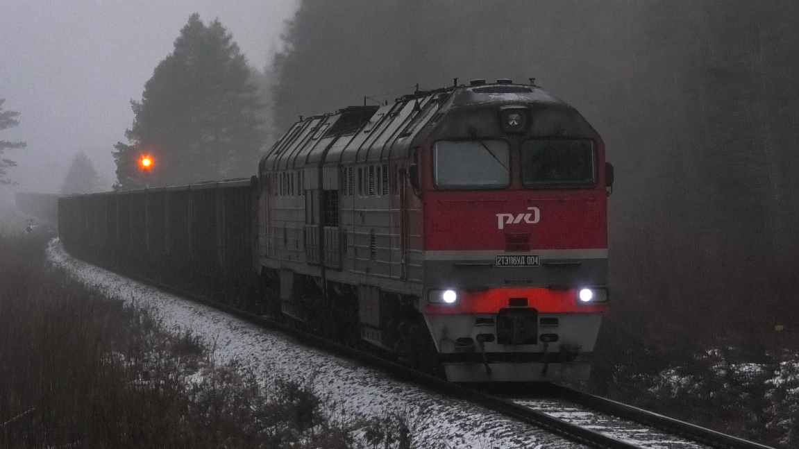 "В предрассветном тумане". 2ТЭ116УД-004 с грузовым поездом