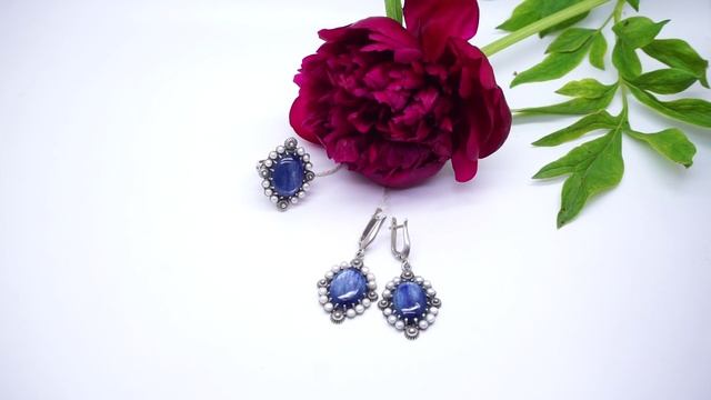 Гарнитур  "Лунное сияние" серебряный серьги и кольцо кианит синий жемчуг серебро 925 Ag 203