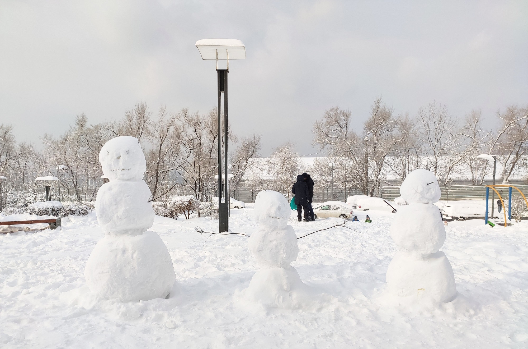 Снежные ёлки , снеговики. Владивосток
