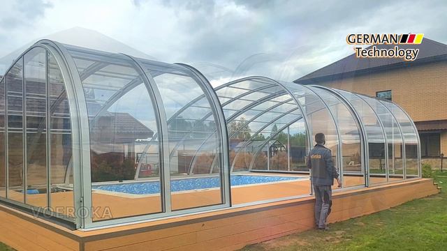 Павильон для бассейна модель EXCLUSIV. Размеры 10,0х7,0х2,65м. Прозрачный поликарбонат. Цвет СЕРЕБРО