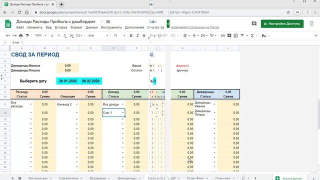 Доходы, расходы, прибыль с дашбордом 3,5