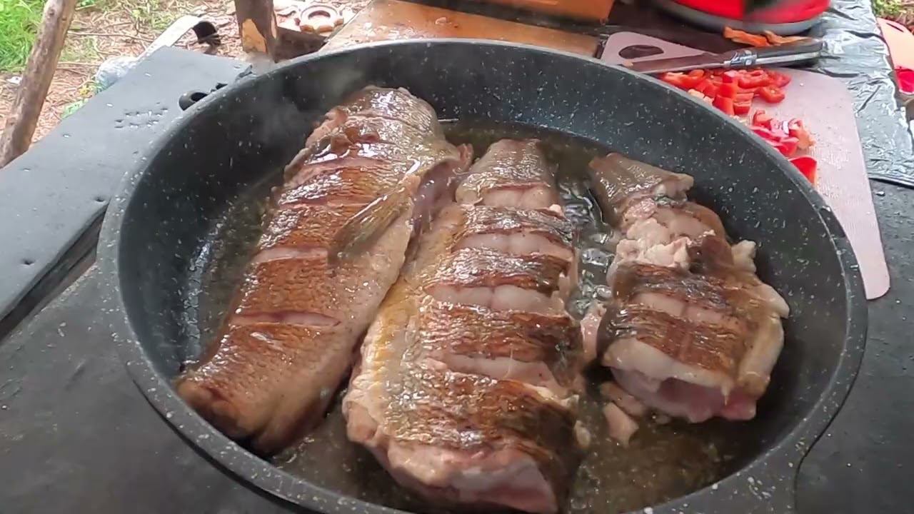 Рыба "аква пацца" в сухом вине, готовим на берегу реки. Рыба на сковороде. Шикарное блюдо из рыбы