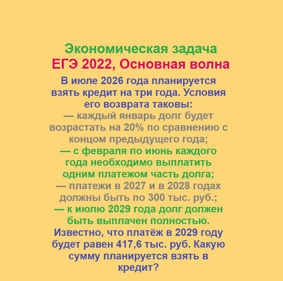 Экономическая задача, Основная волна,  ЕГЭ, 2022, Математика, Вторая часть, Задача 15, Вариант 1