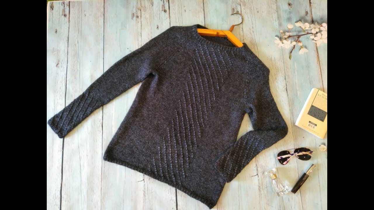 Пуловер Лунная ночь с диагональным узором спицами. Реглан снизу