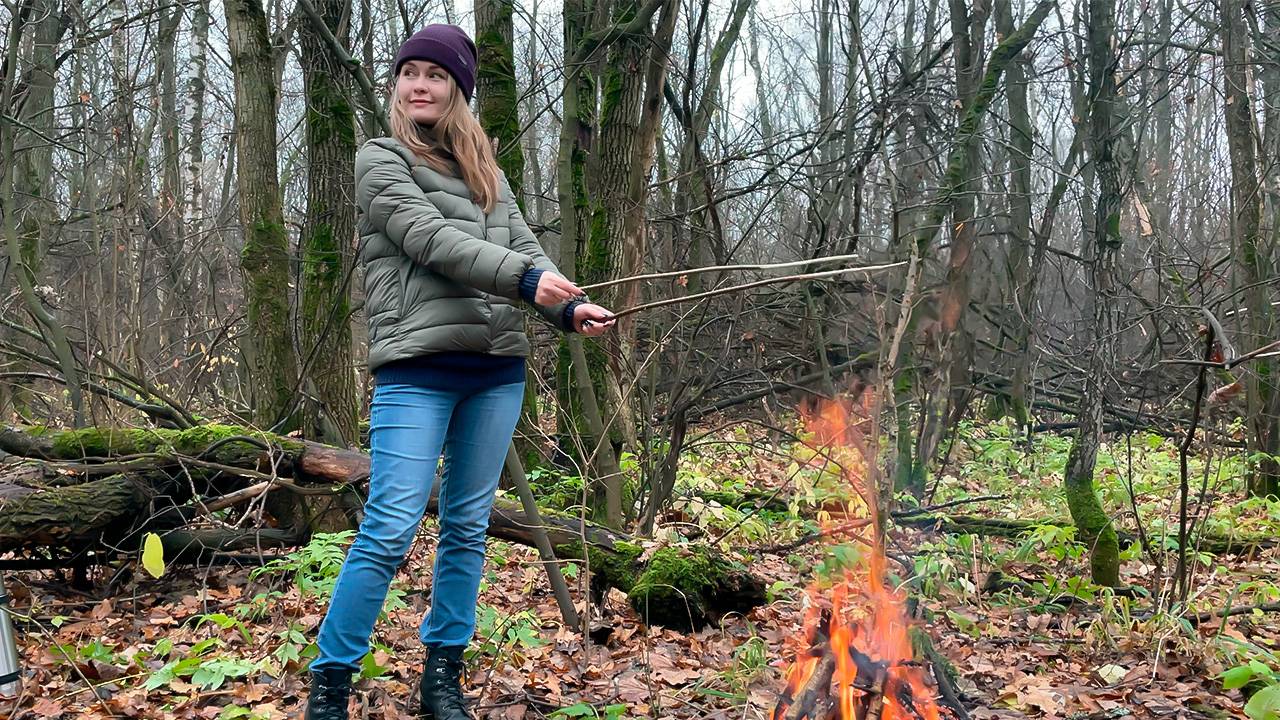 Хачапури на костре | Пикник в прохладном осеннем в лесу | 4К relax