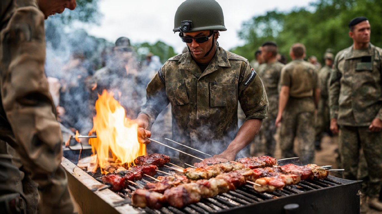С удовольствием кушаю козлятинку. А петуха обделали, но ещё не кушал — на дорогу.