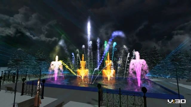 Презентация Фонтана с Огнем и пиротехникой Зимой