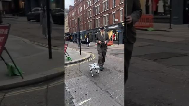 чувак в Apple Vision Pro выгуливает своего робопса