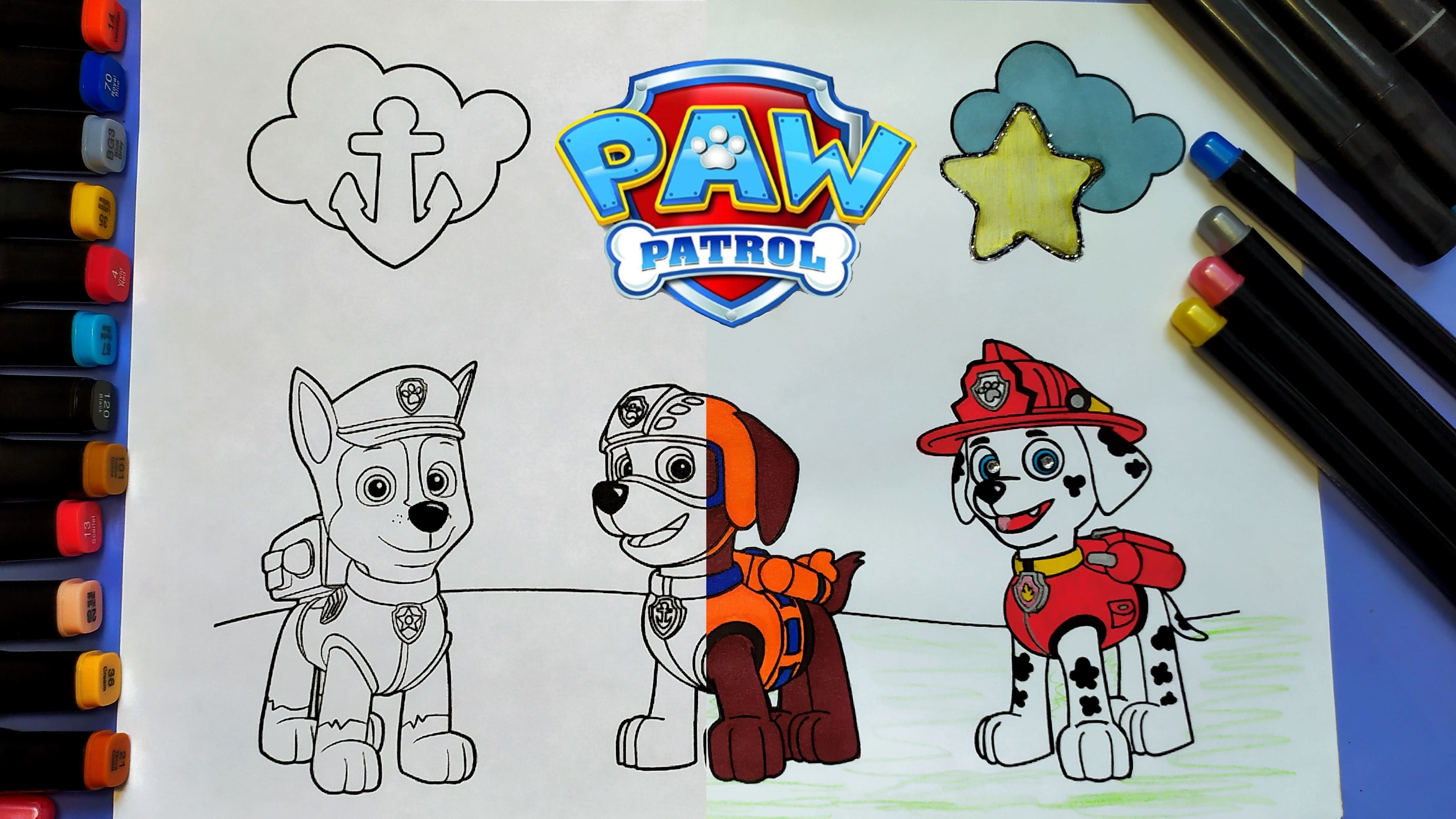 Раскраска Щенячий Патруль. Гончик, Зума, Маршал. Щенки