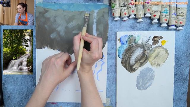 Рисуем лесной пейзаж с водопадом акрилом. Часть 1