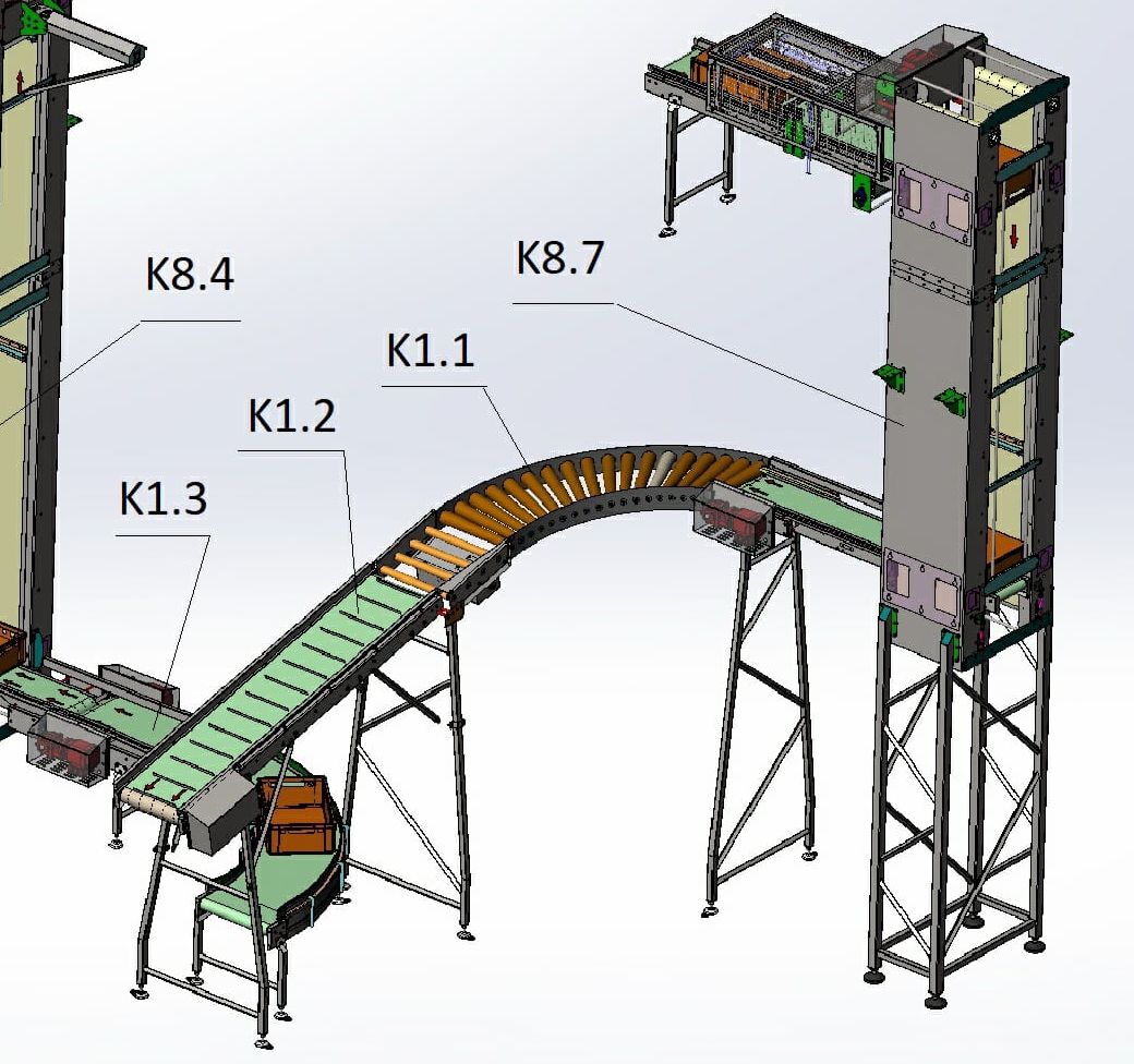 Транспортирование пустых ящиков после мойки с этажа на этаж с вертикальным конвейером