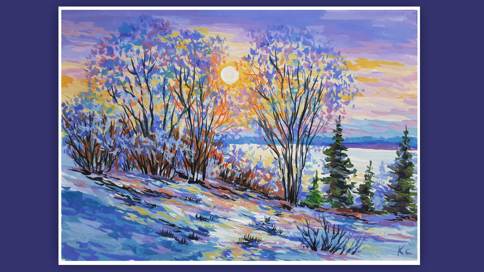 ЗИМНЕЕ УТРО НА БЕРЕГУ РЕКИ. РИСУЕМ ЗИМНИЙ ПЕЙЗАЖ. ЗИМНИЙ ПЕЙЗАЖ ГУАШЬЮ. КАК НАРИСОВАТЬ ЗИМУ