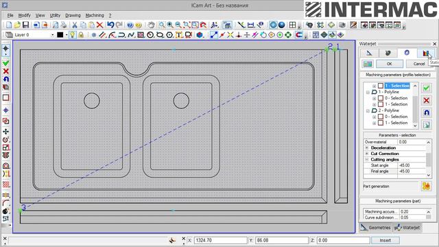 ICAM WJ 5ax проект для резки камня под углом -45° на станке ГАР Intermac Primus 5 axis WaterJet