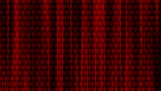 Шторы с рисунком сердец на ткани. Красные кулисы. Оформление на модные советы. Анимация в 4K.