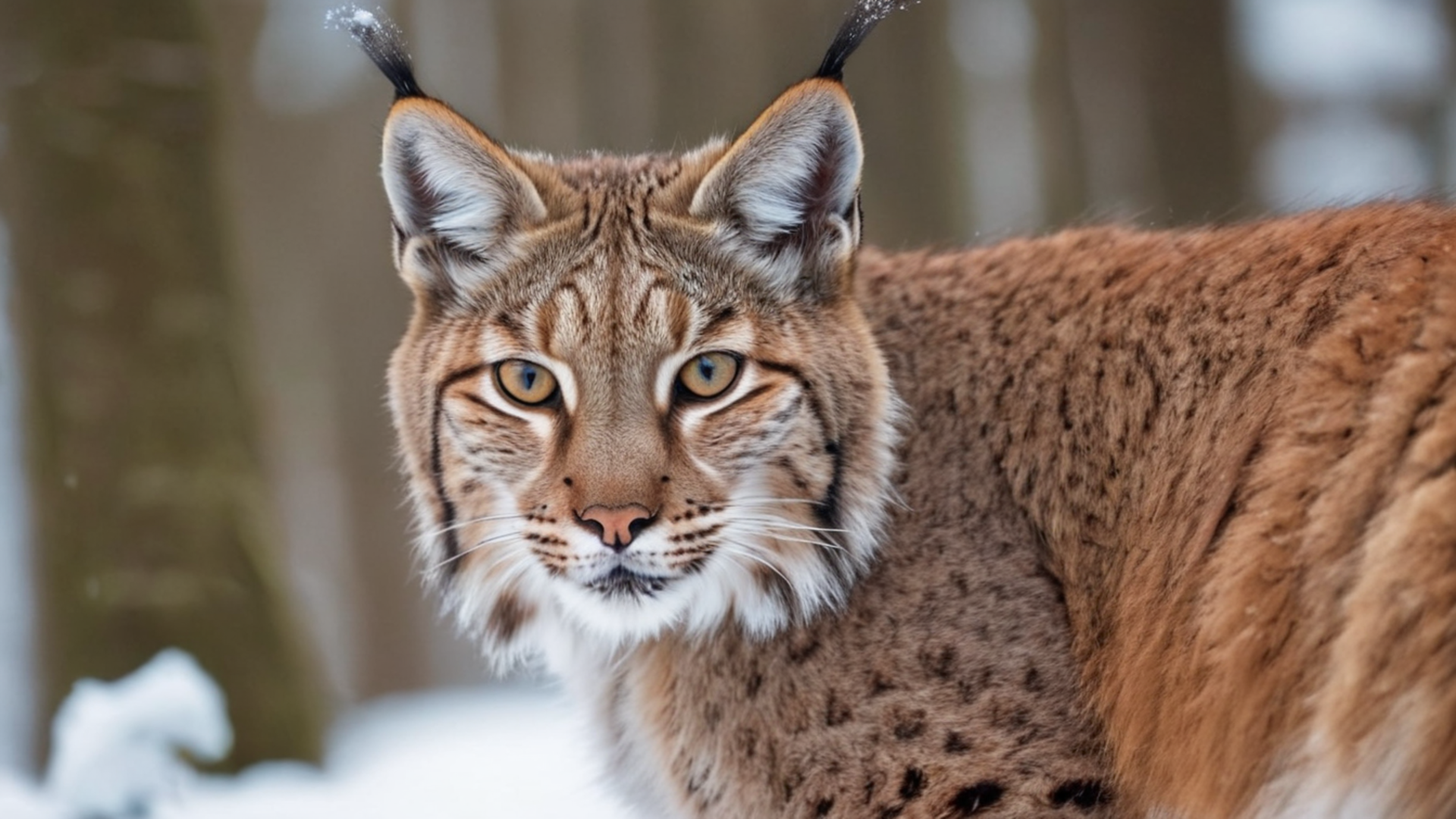 Красивая рысь гуляет по заснеженному лесу