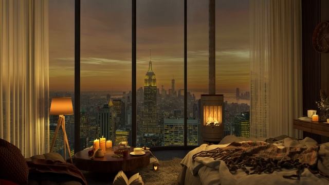 4K Уютная спальня с видом на дождливый ночной Нью-Йорк | Джазовая музыка для отдыха и учебы