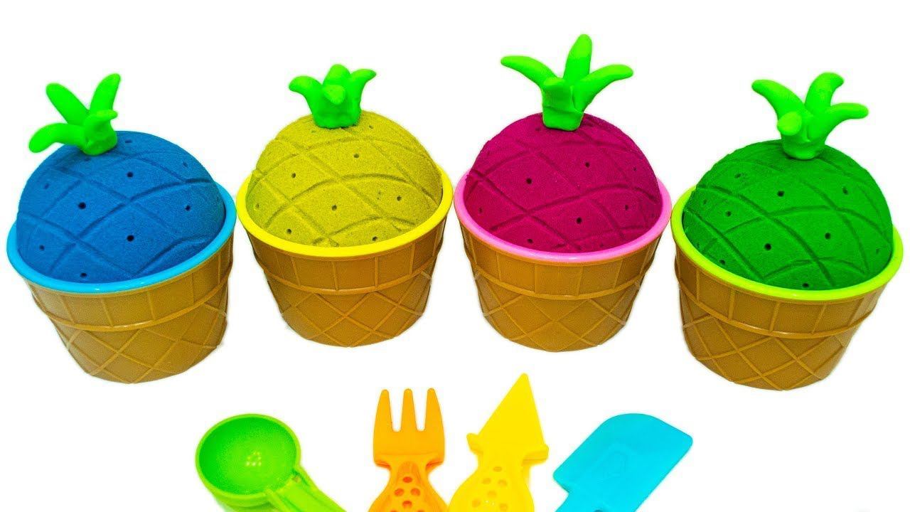 Ананасики из Кинетического Песка с игрушками внутри  - Учим Цвета в Развивающем видео