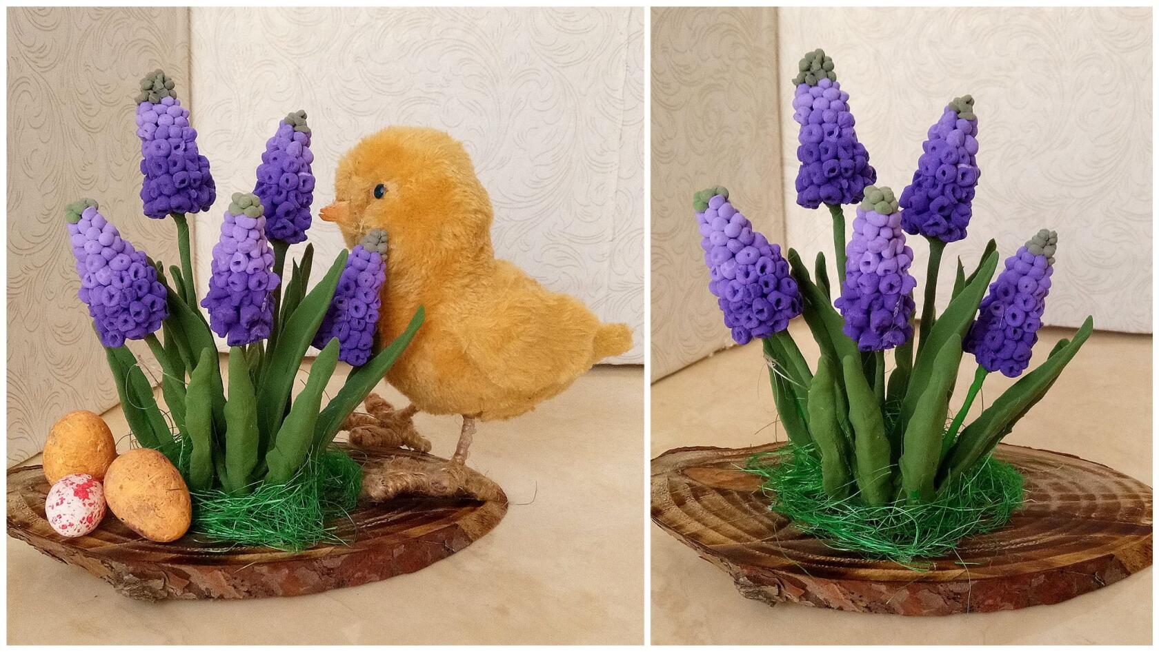 Весенние поделки своими руками. Идеи к Пасхе. Цветы мускари на пеньке.