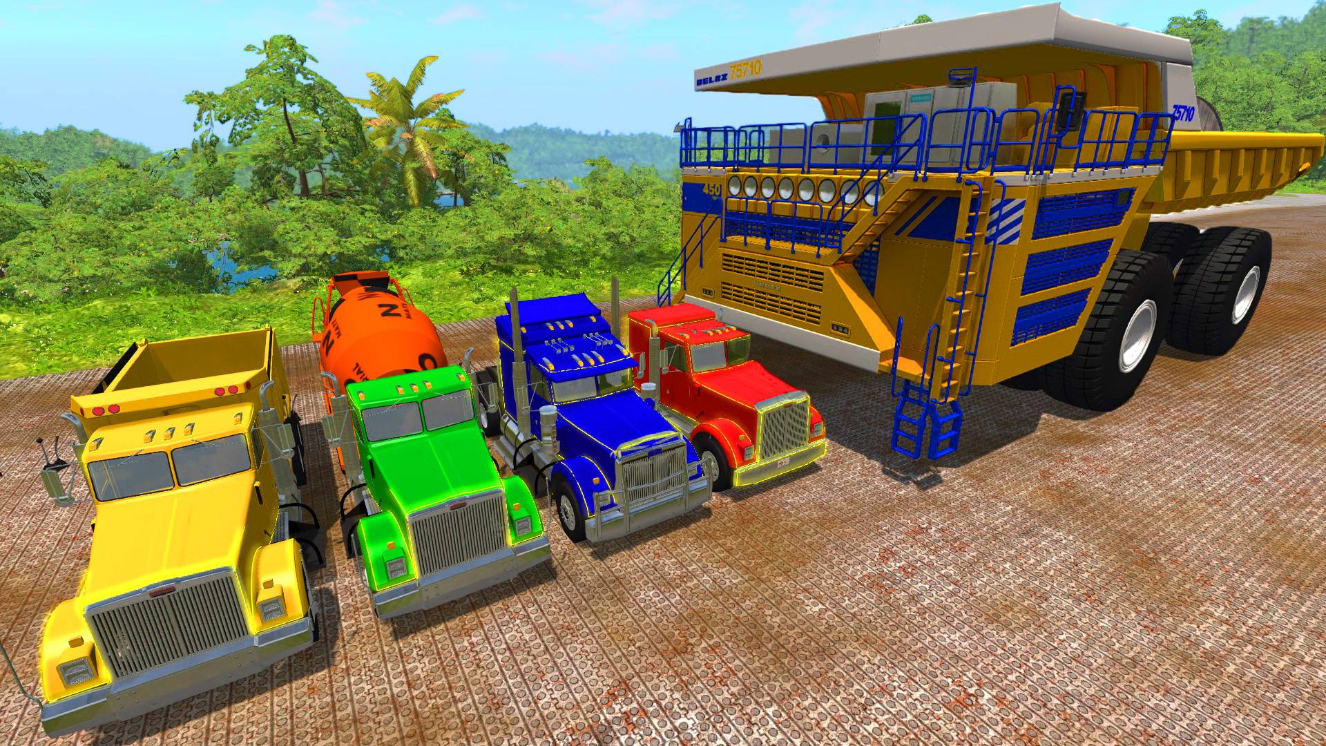 БЕЛАЗ давит 6 грузовиков и бтр. Мультики для мальчиков про машинки