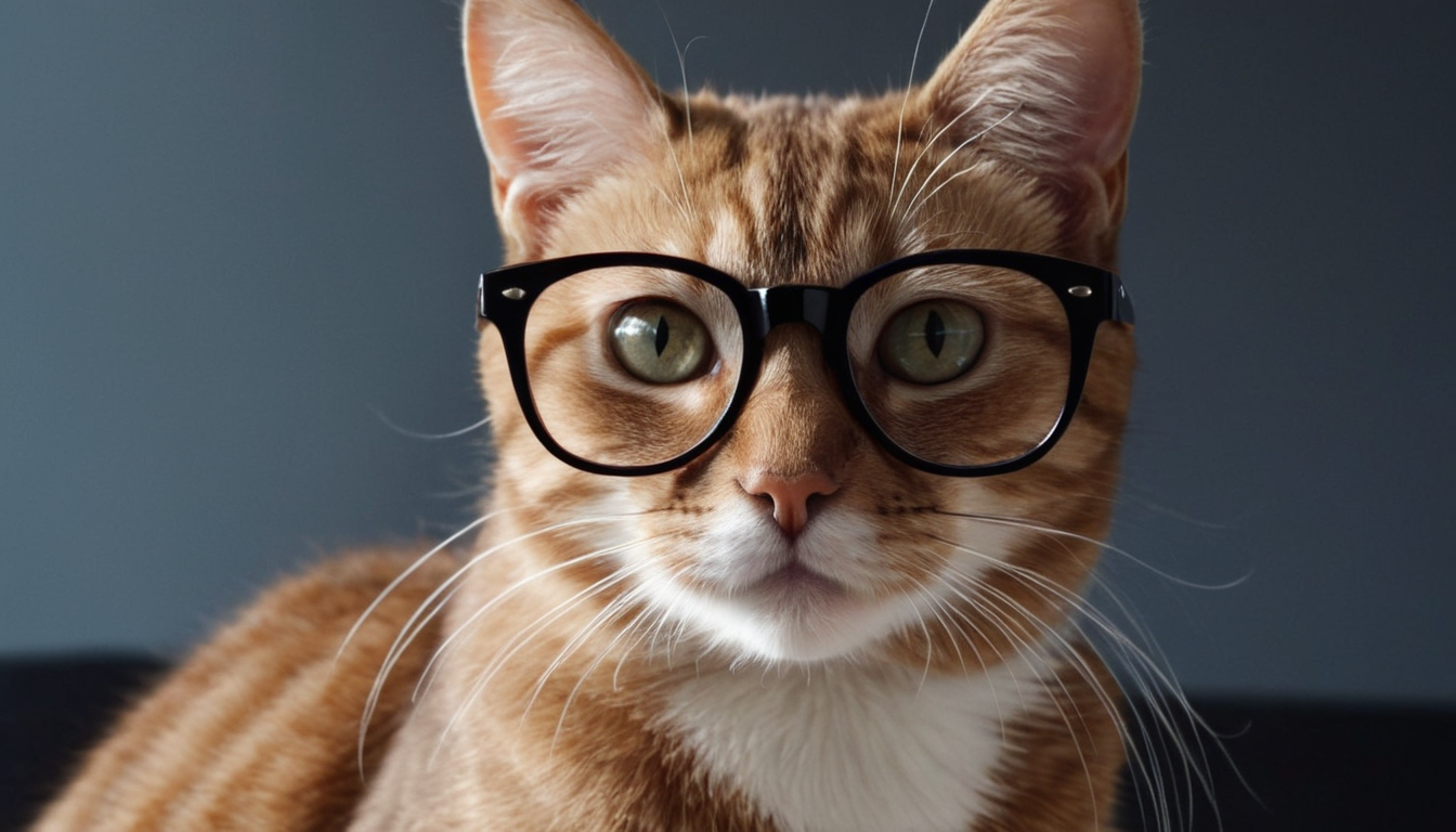 Загадочная кошка в очках с оправой черного цвета