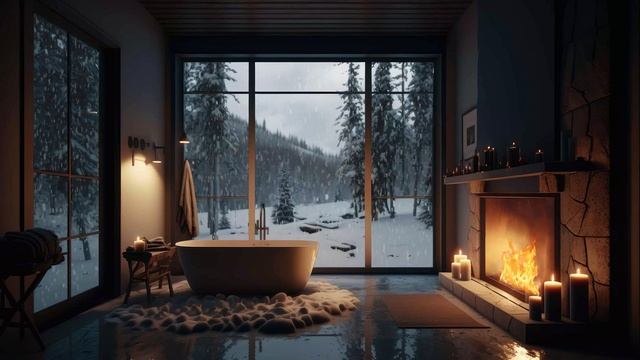 Сбежите в уединенный домик в заснеженном лесу - расслабьтесь в теплой ванне с потрескивающим камином