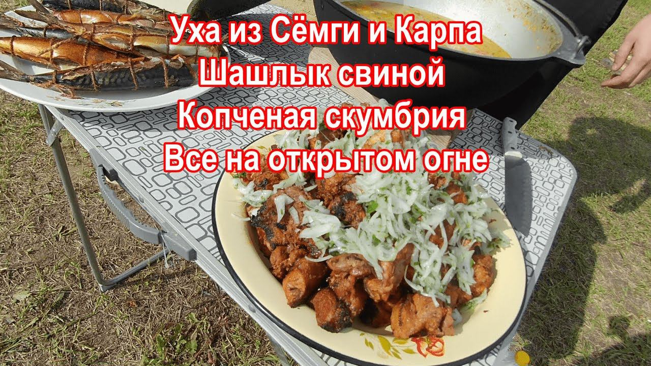 Шашлык свиной. Уха из сёмги и карпа. Копченая скумбрия. Копченая рыба.