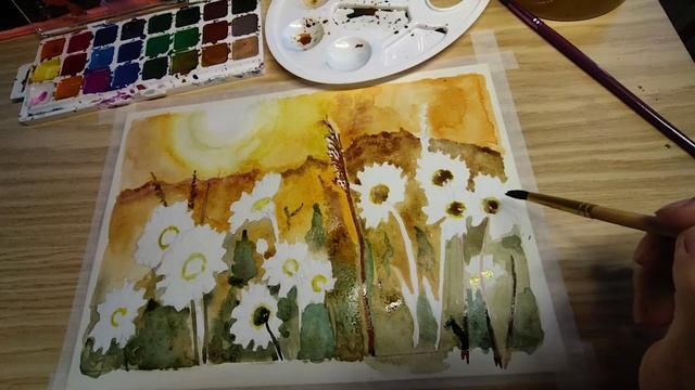 Как рисовать ромашки на лугу акварелью.