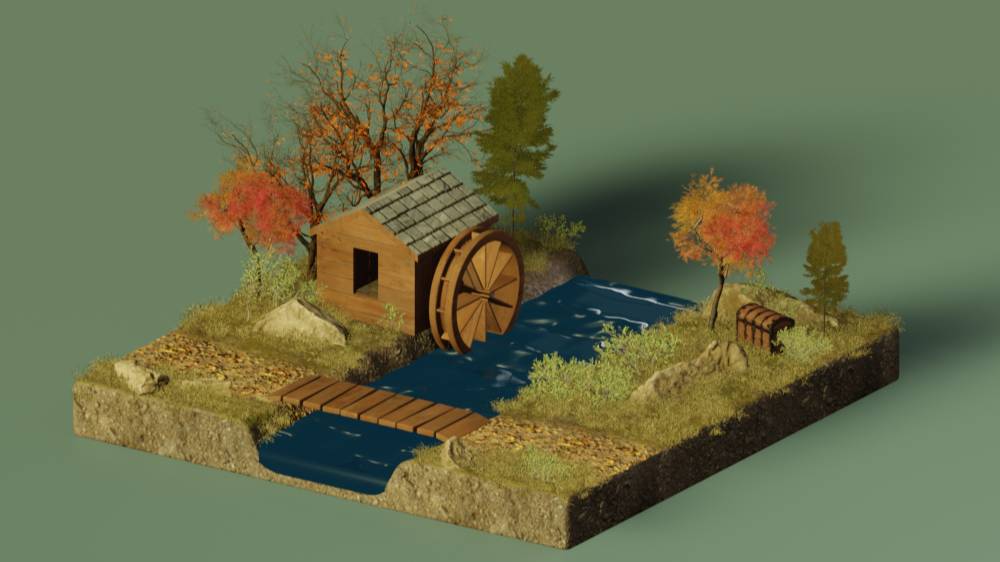 Водяная мельница сделанная по уроку в Blender