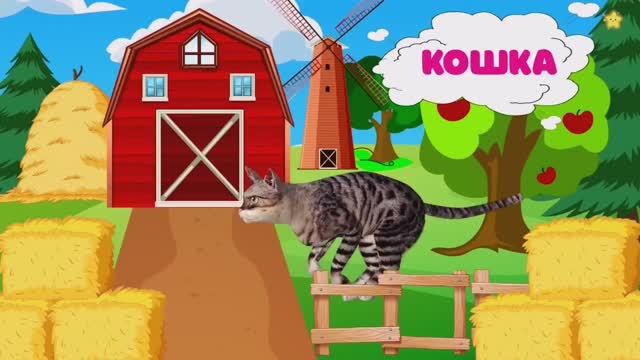 Домашние животные, корова, лошадь, курица, осёл, кошка, собака, коза, петух, гусь, свинья.