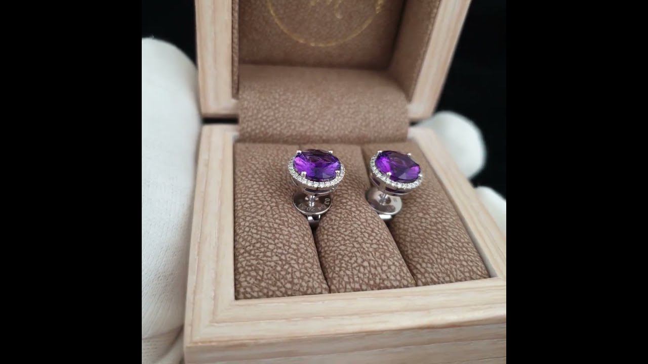 Драгоценные пусеты из белого золота авторской работы с уругвайскими аметистами с бриллиантами