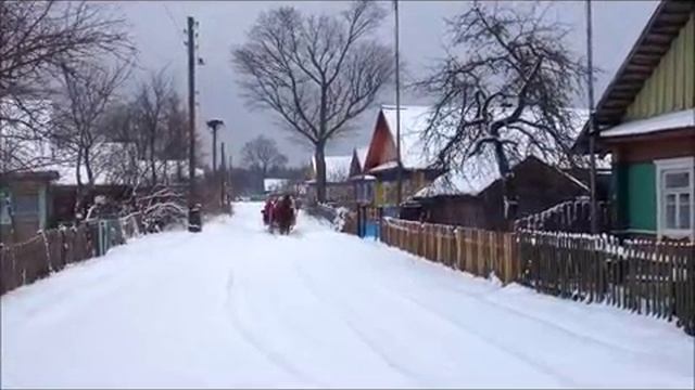 Лошадь, сани, деревня