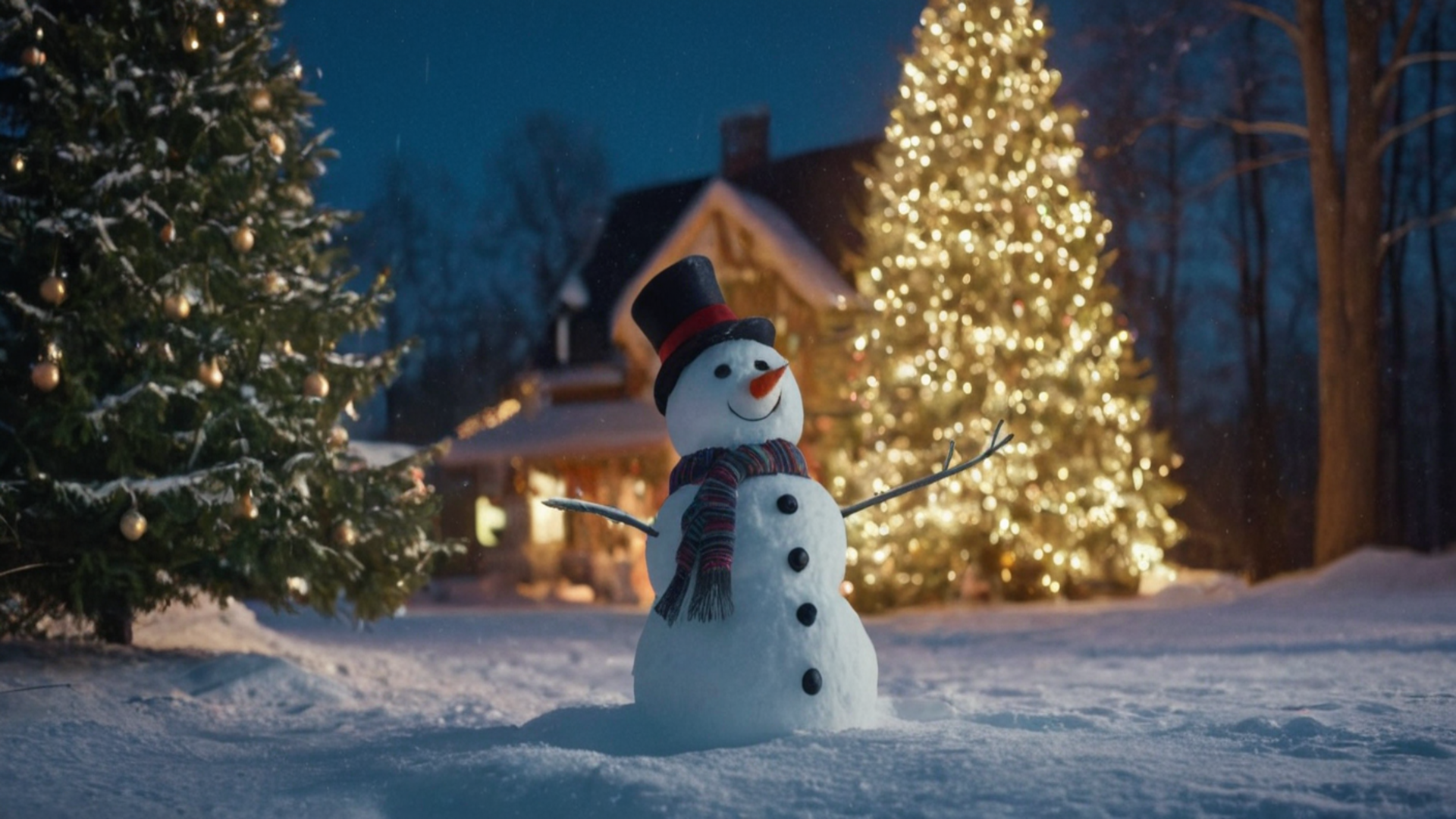 Снеговик с елкой на заднем плане