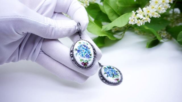 Серьги Ростовская Финифть ручная работа Посеребрение Цветы Незабудки Хорошие Вещи 3823
