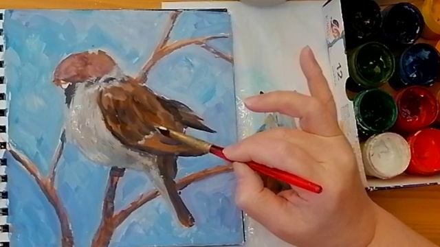 Видео урок по живописи для начинающих. Показываю, как нарисовать воробья гуашевыми красками.