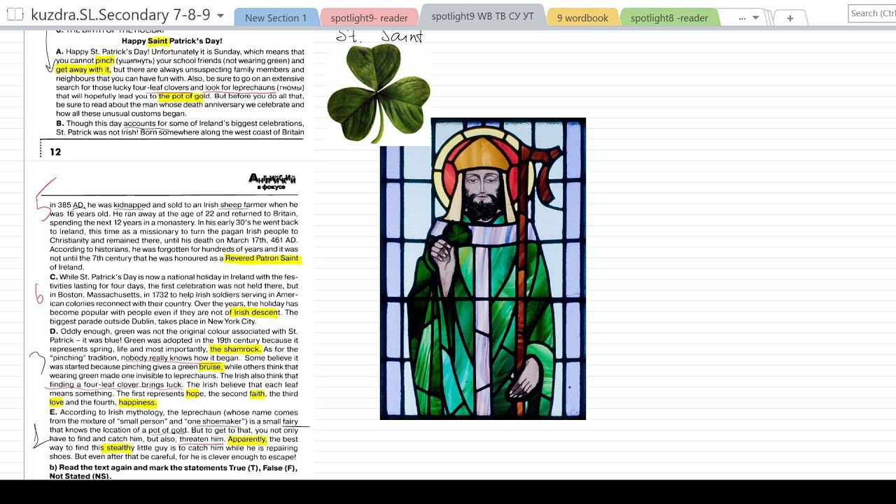 31. Spotlight 9. Module 1. СУ. Тренировочные упражнения. Текст 5. Happy St Patrick's Day