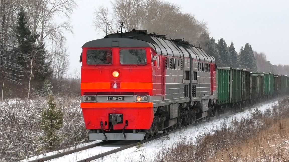 "Грозный фантомас". 2ТЭ116-420 с грузовым поездом