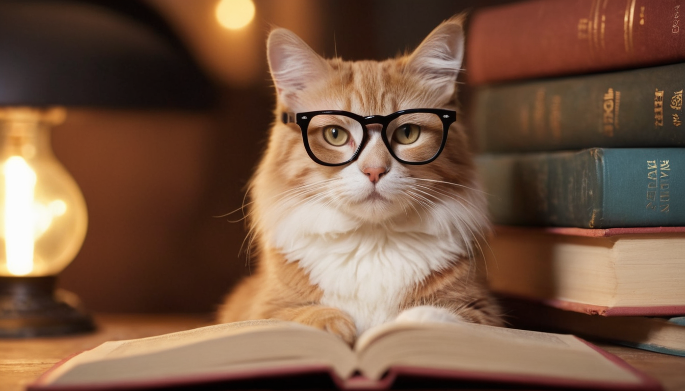 Кот в очках читает книгу