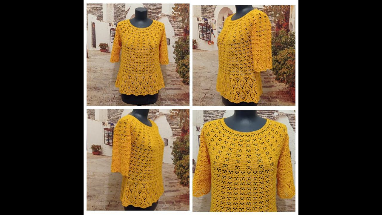Летнее платье крючком с круглой кокеткой "Канарейка".Часть 2. Обработка горловины и вязание рукавов