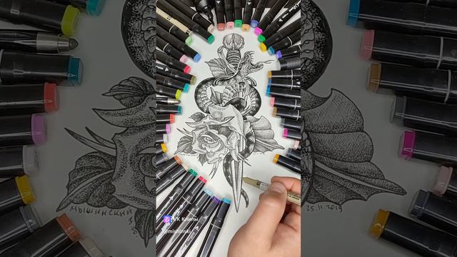 Тату эскиз Змея на кинжале с розой. Символ опасной любви. #змея #кинжал #роза #любовь #татуэскиз