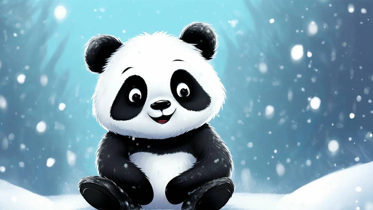 Панда в восторге от  снега