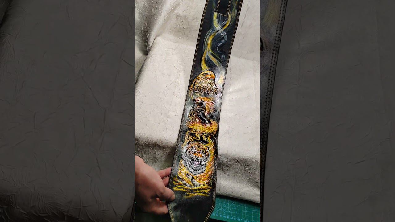 Ремень для бас гитары. Изделия из кожи. СКСтиль. Видео обзор: Огненный.