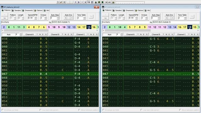 In a hurry  by KUVO / Double YM, 6 channel song. Tracker window capture.